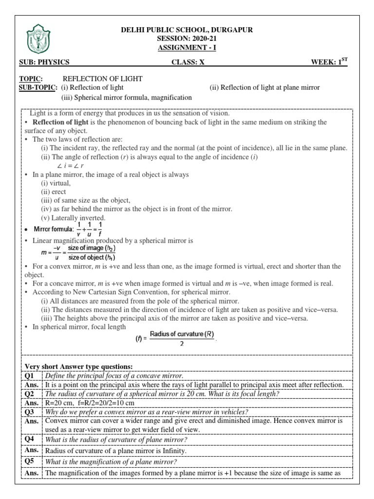 Class 10 Physics: Light Reflection | PDF