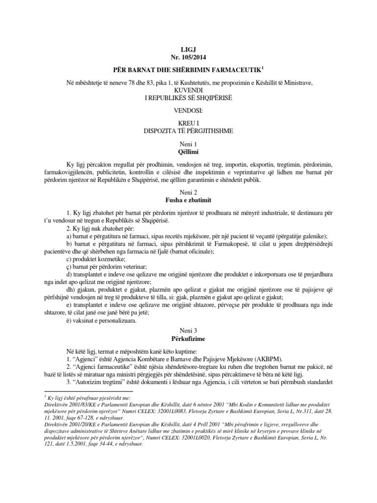 LIGJ Nr.105 2014 PER BARNAT DHE SHERBIMIN FARMACEUTIK PDF | PDF