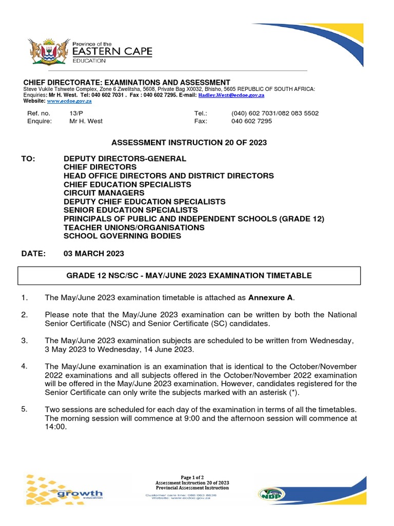May/June 2023 Grade 12 Exam Timetable | PDF