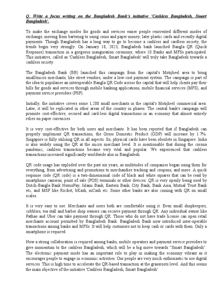 Focus Writing On Cashless Bangladesh | PDF | Qr Code | Economies