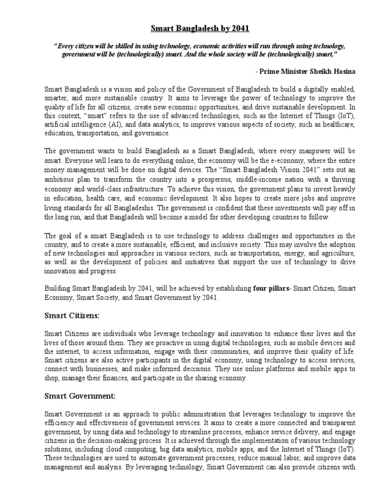 Focus Writing On Smart Bangladesh by 2041 | PDF