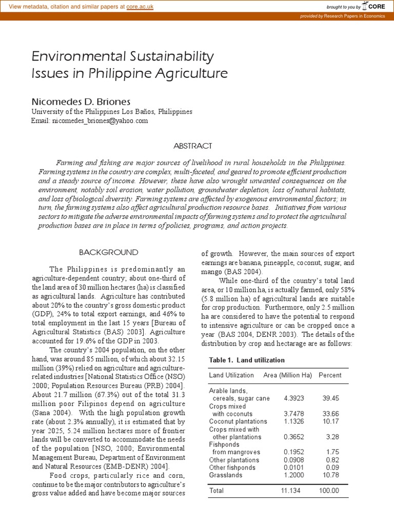 Environmental Sustainability Issues in Philippine Agriculture PDF | PDF