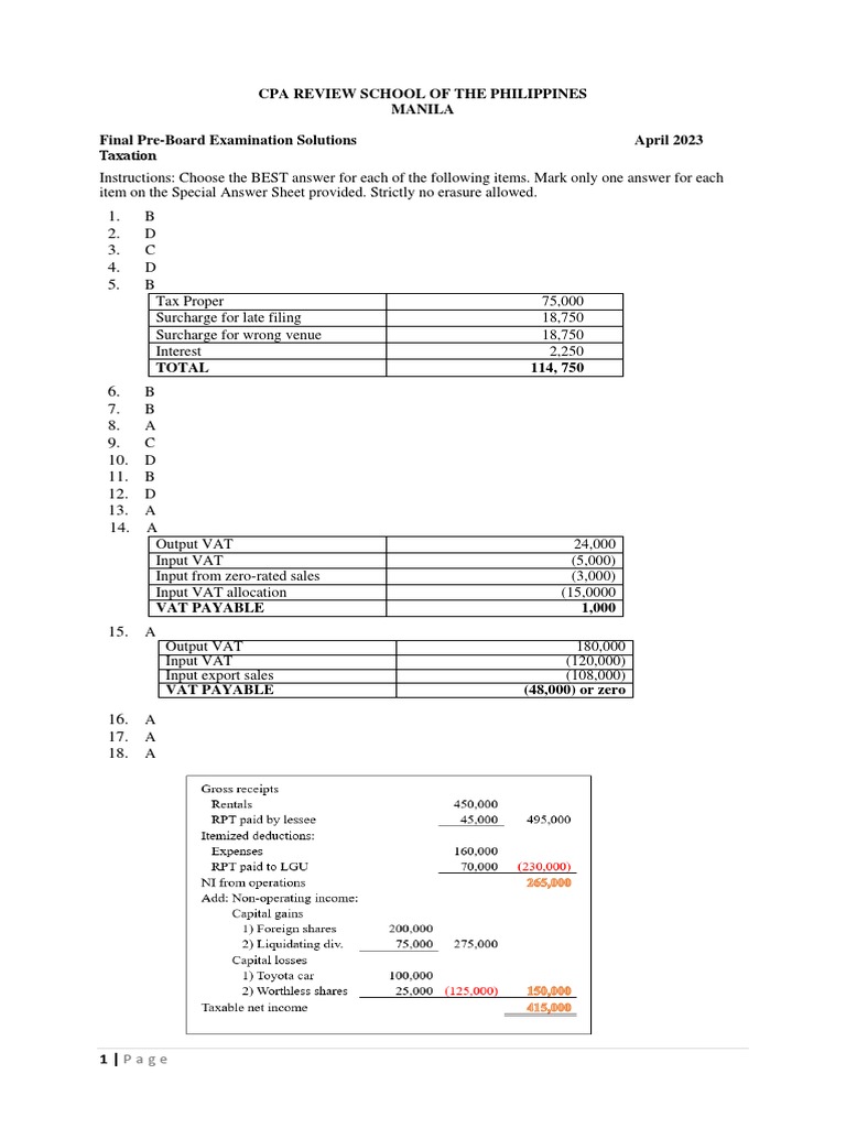 TAX Final Preboard Examination - Solutions PDF | PDF