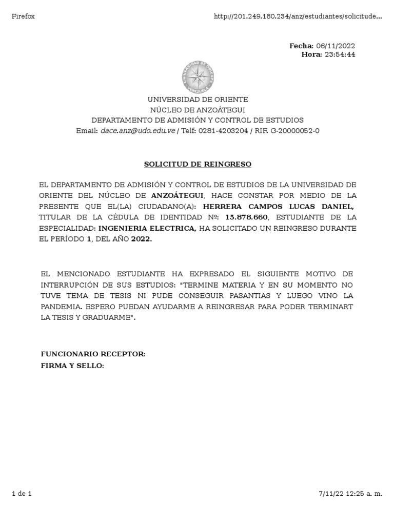 Solicitud de Reingreso | PDF