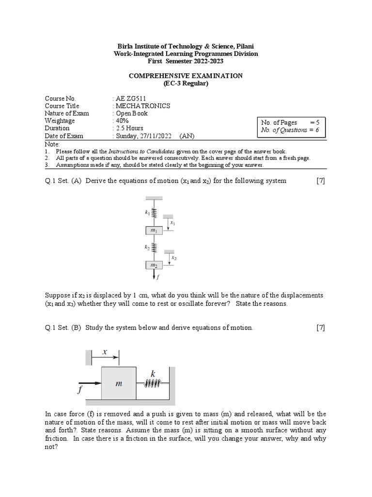 Mechatronics Comprehensive Exam 2022-23 | PDF