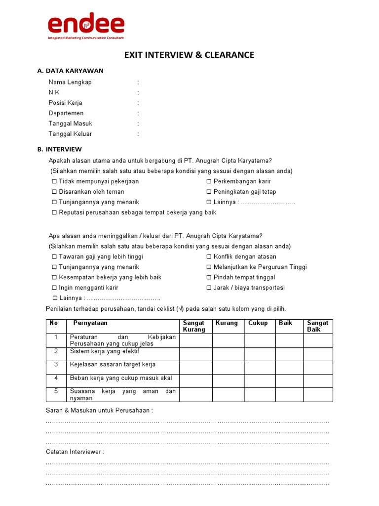 005 Formulir Exit Interview & Clearance - ACK | PDF | Karier & Perkembangan | Bisnis