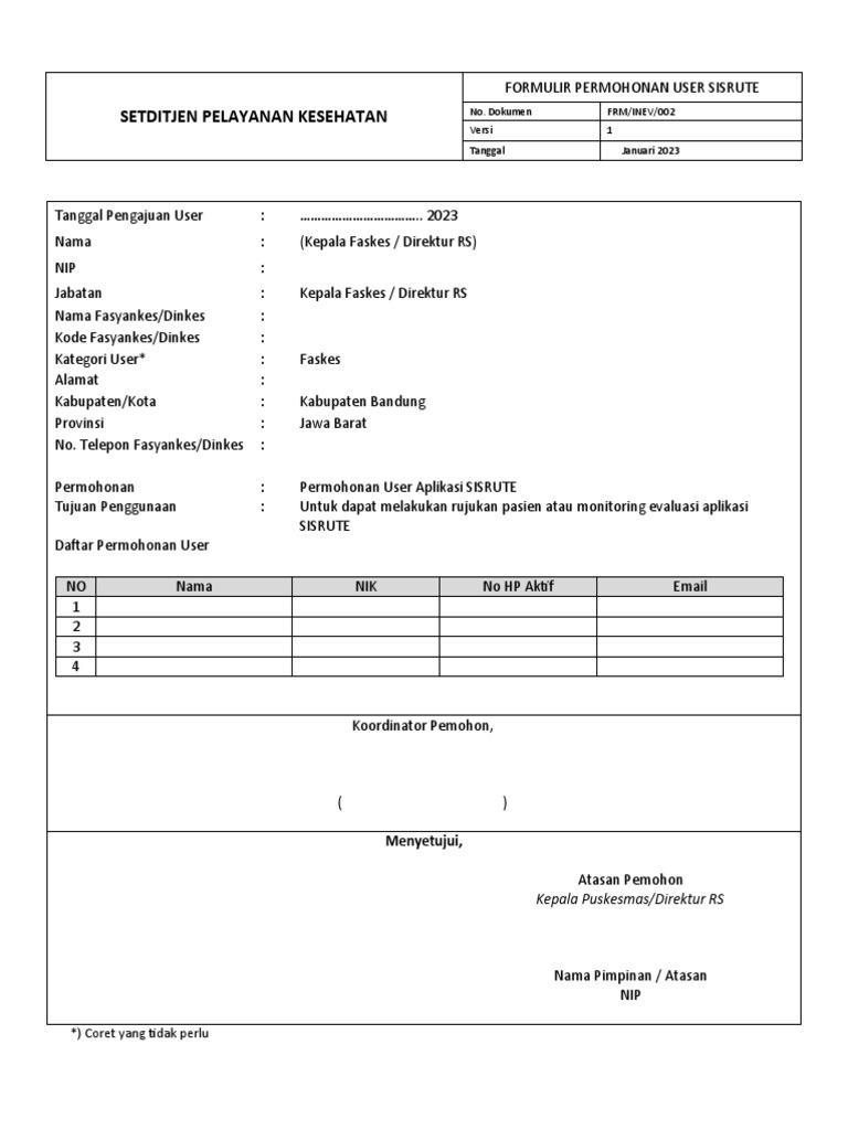 CONTOH Form Permohonan User SISRUTE 2023 | PDF
