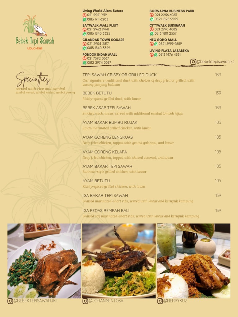 Bebek Tepi Sawah Menu As of Nov 2022 | PDF