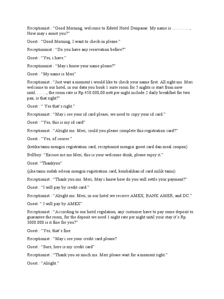 A Detailed Hotel Check-In Conversation Between a Receptionist and Guest in Bahasa Indonesia | PDF