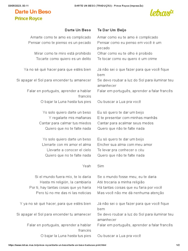 DARTE UN BESO (TRADUÇÃO) - Prince Royce (Impressão) | PDF