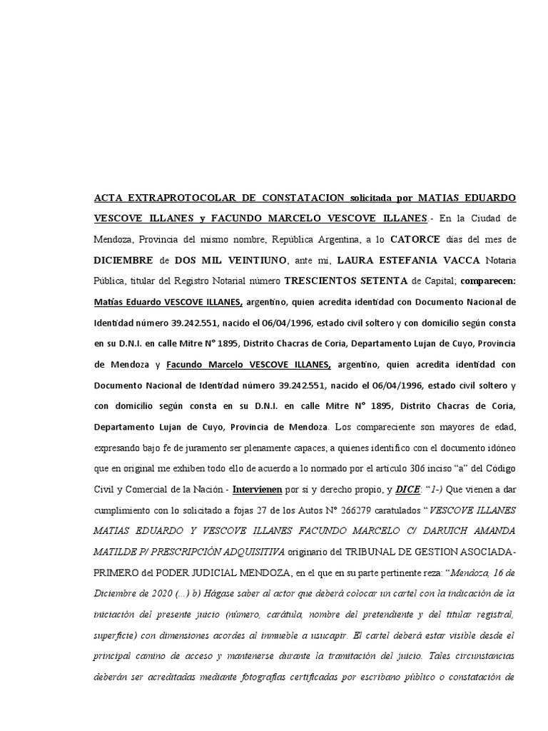 ACTA EXTRAPROTOCOLAR DE CONSTATACION Solicitada Por LILIANA NOEMI FUNES | PDF