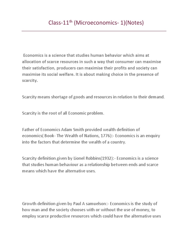Class-11th (Microeconomics - 1) (Notes) PDF | PDF