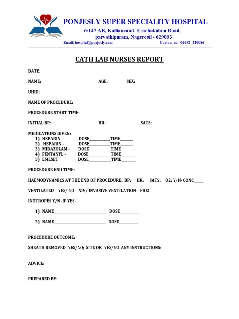 Cath Lab Nursing Proforma | PDF
