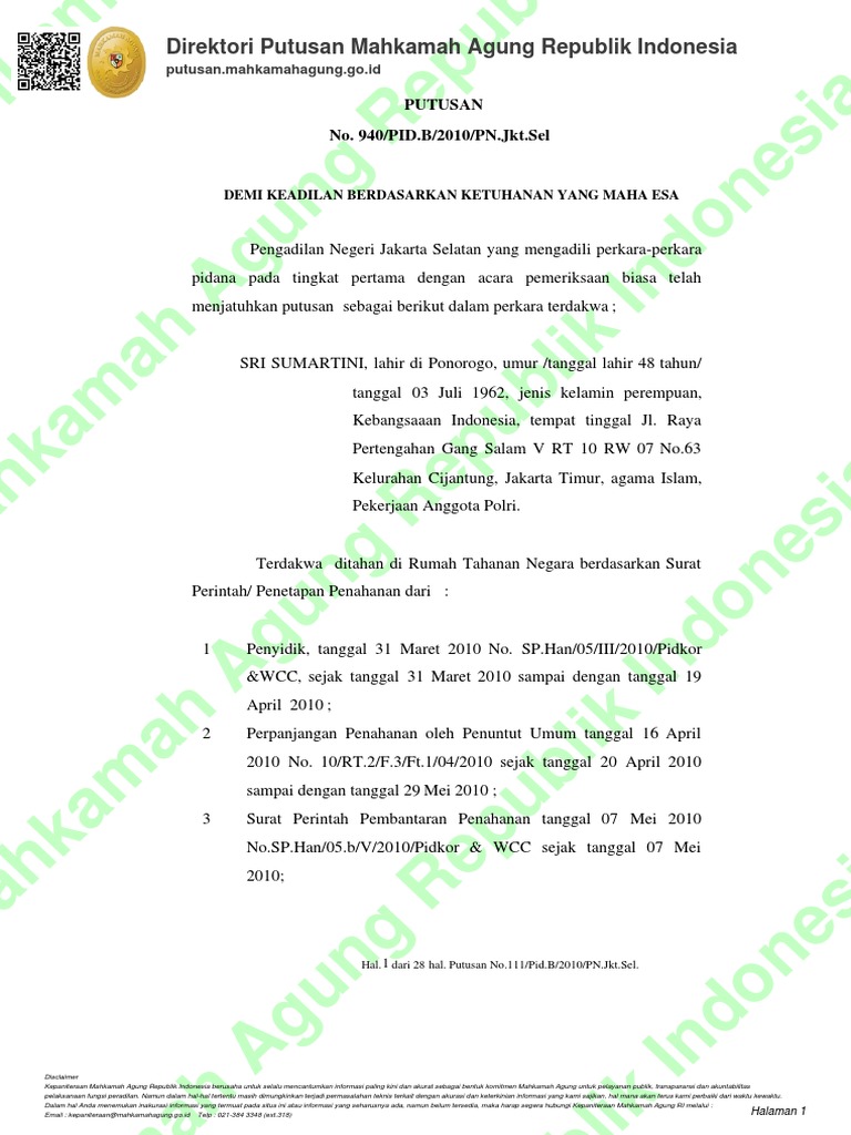 Putusan 940 Pid.b 2010 PN - Jkt.sel 20230430110845 | PDF