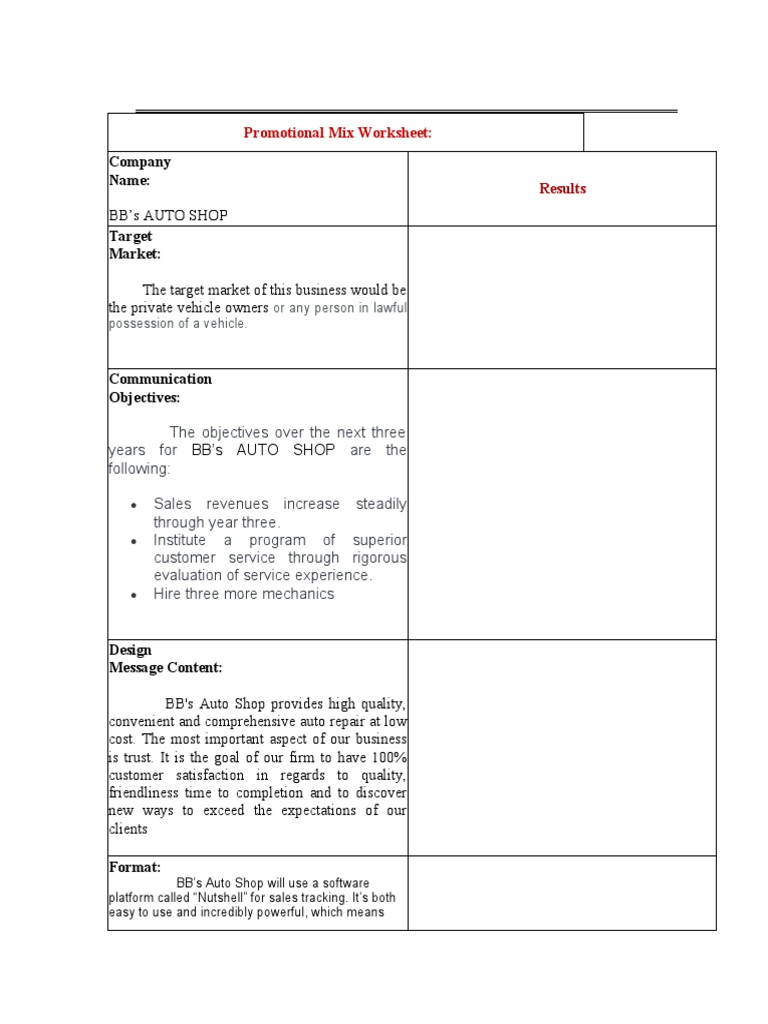 Promotional Mix Worksheet | PDF