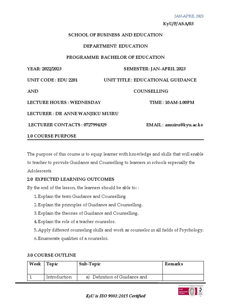 Updated-Educational Guidance and Counselling Course Outline | PDF