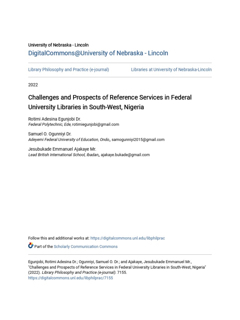 Challenges and Prospects of Reference Services in Federal University Libraries in South-West ...