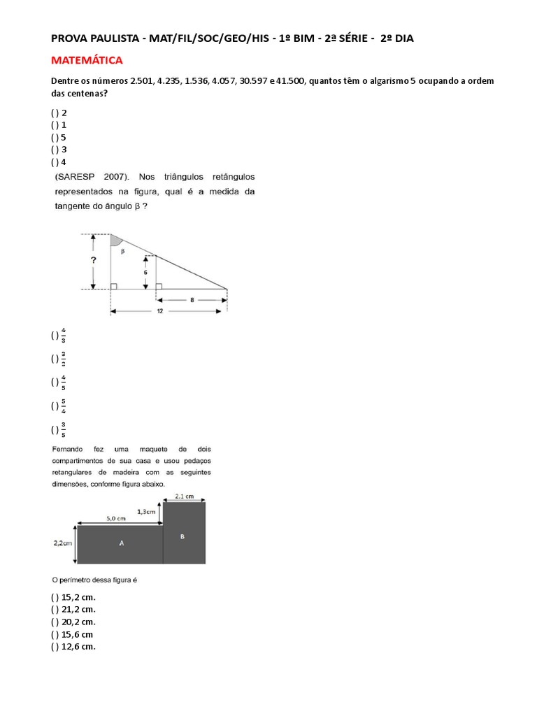 PROVA PAULISTA - 1o BIM | PDF