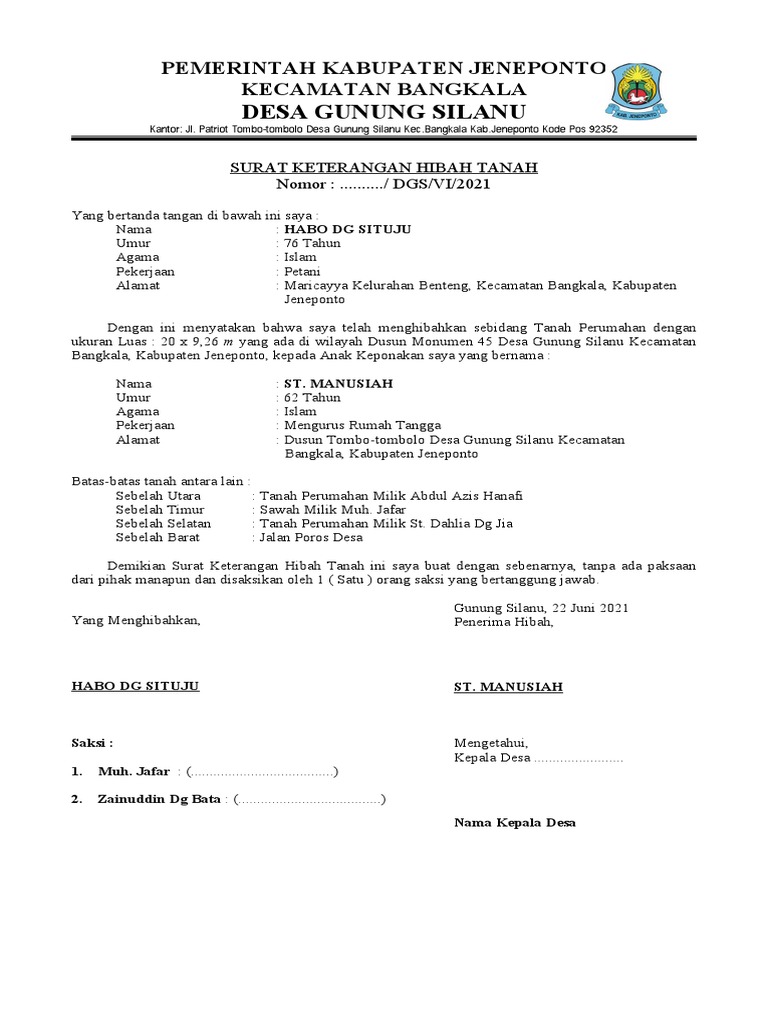 Contoh Surat Keterangan Hibah Tanah | PDF
