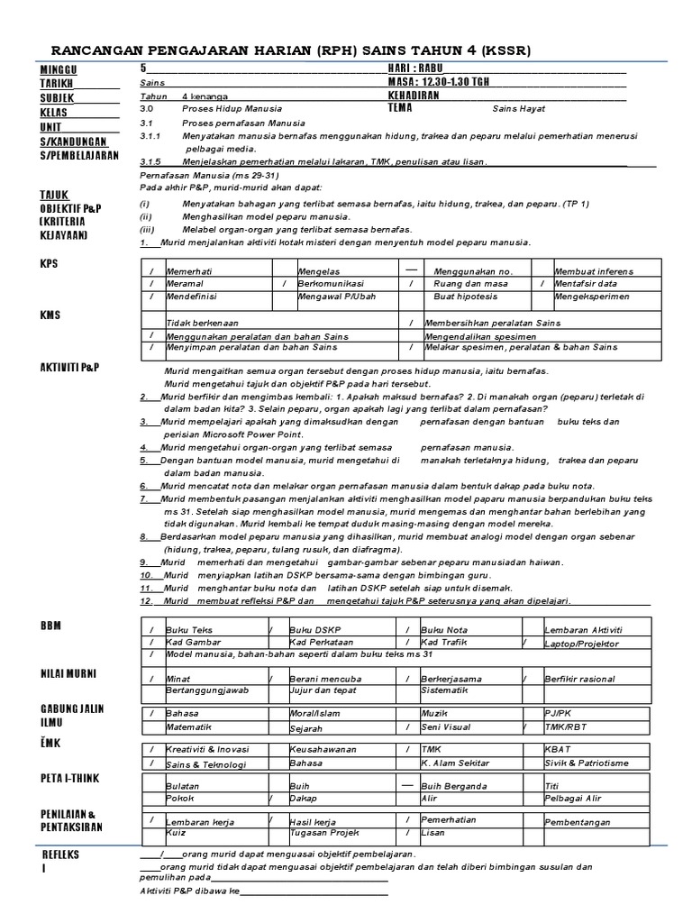 Dokumen - Tips - Rancangan Pengajaran Harian RPH Sains Tahun 4 KSSR Pengajaran Harian RPH Sains ...