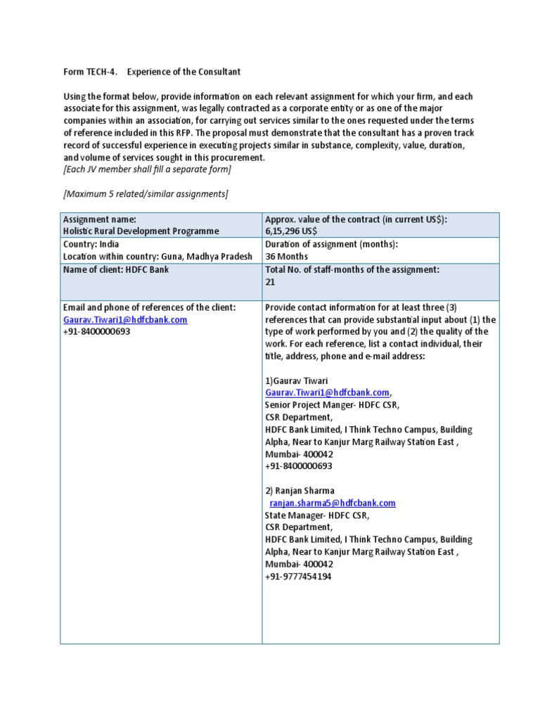 Consultant Experience for TECH-4 RFP | PDF