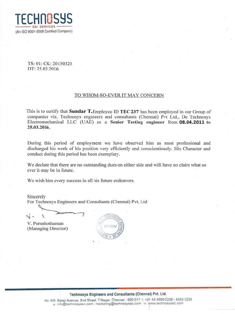 Technosys Experience Letter PDF | PDF