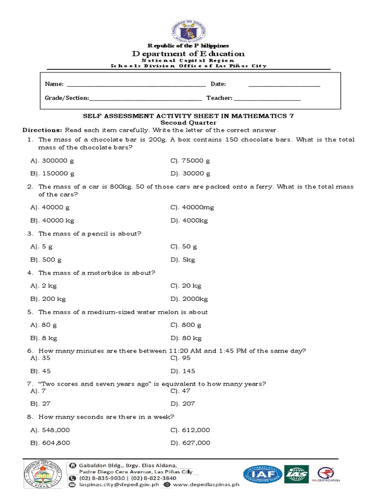 Self Assessment Activity Sheet Quarter 2 Grade 7 1 | PDF | Equations ...