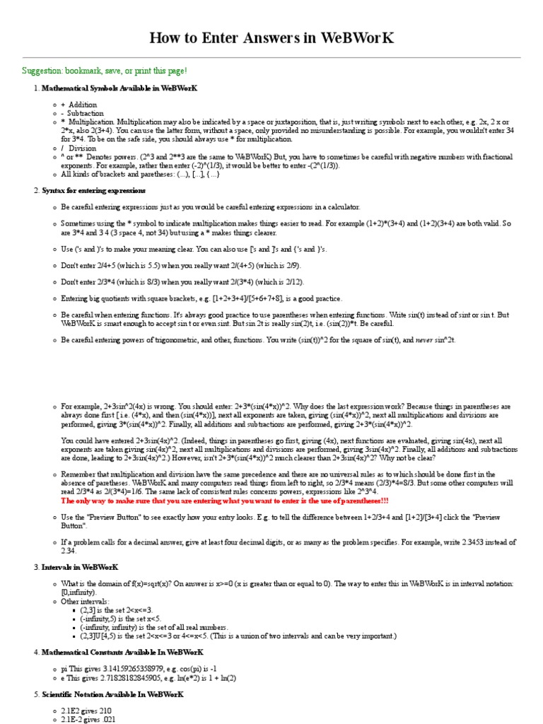 How To Enter Answers in WeBWorK PDF | PDF