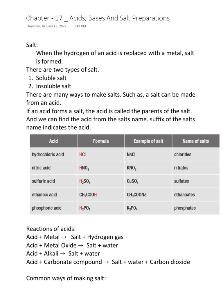 Chapter - 17 - Acid, Base and Salt Making PDF | PDF | Salt (Chemistry) | Acid