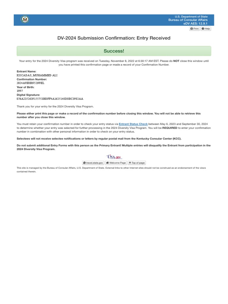 DV-2024 Entry Confirmation Details | PDF