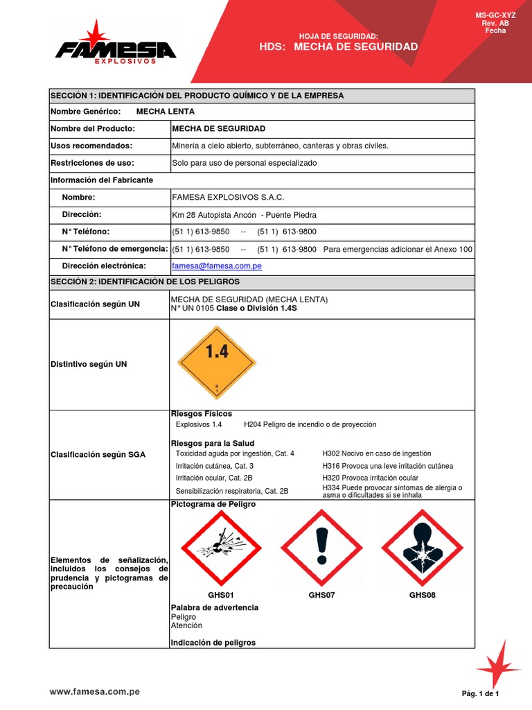 HDS Mecha de Seguridad Mecha Lenta 1 PDF | PDF | Química | Ciencias fisicas