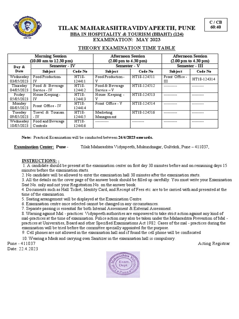 Hotel Management Time Table For May 2023 PDF | PDF