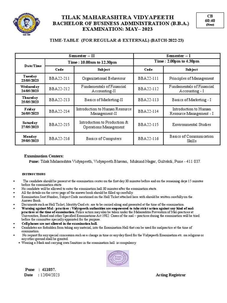 BBA BBA in Sports Management BBA in Digital Marketing Time Table May ...