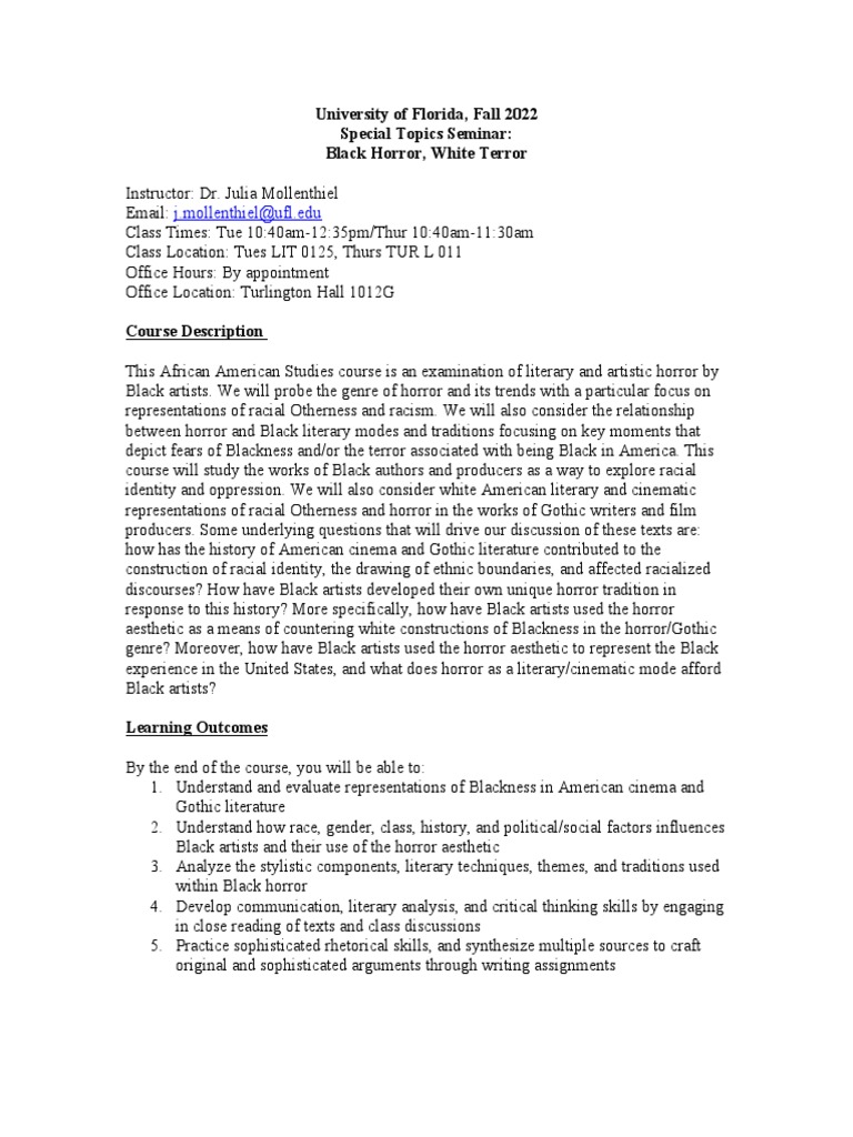 'Black Horror, White Terror' Syllabus at The University of Florida ...
