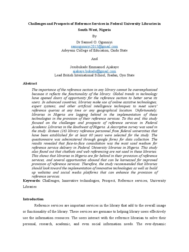 Challenges and Prospects of Reference Services in Academic Libraries in ...
