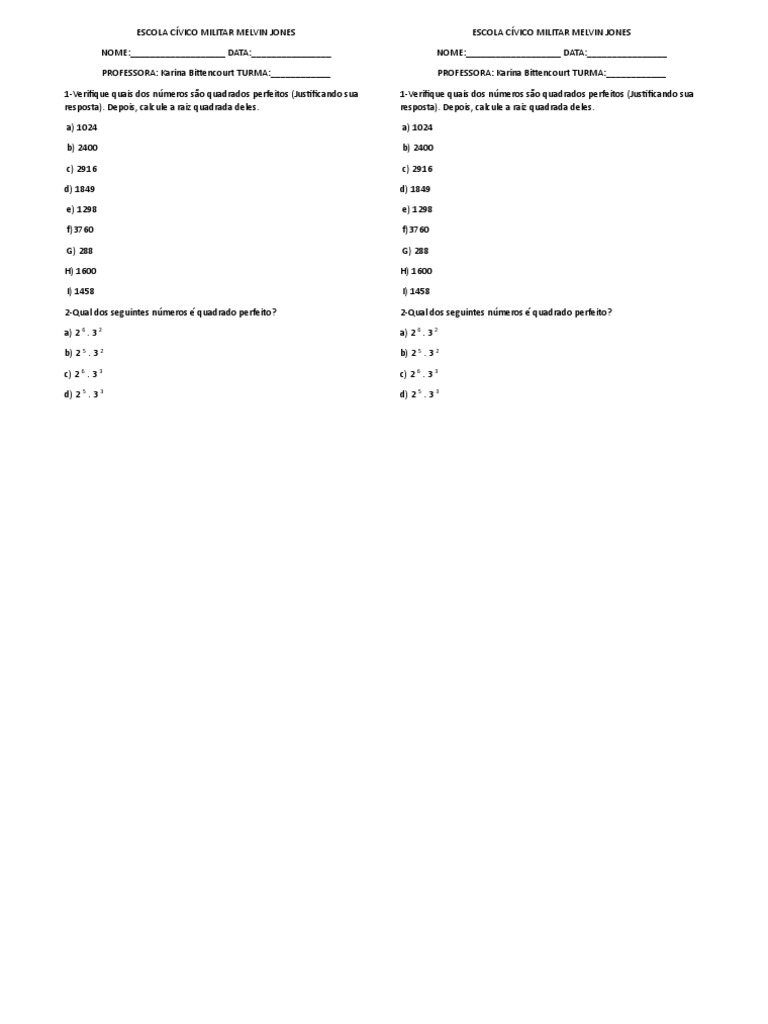 Atividade 8 Ano Quadrado Perfeito PDF | PDF