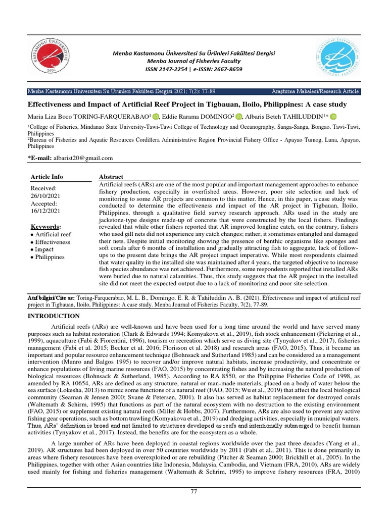 Effectiveness And Impact Of Artificial Reef Project In Tigbauan Iloilo Philippines A Case