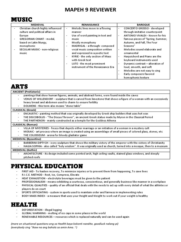 Mapeh 9 Reviewer | PDF