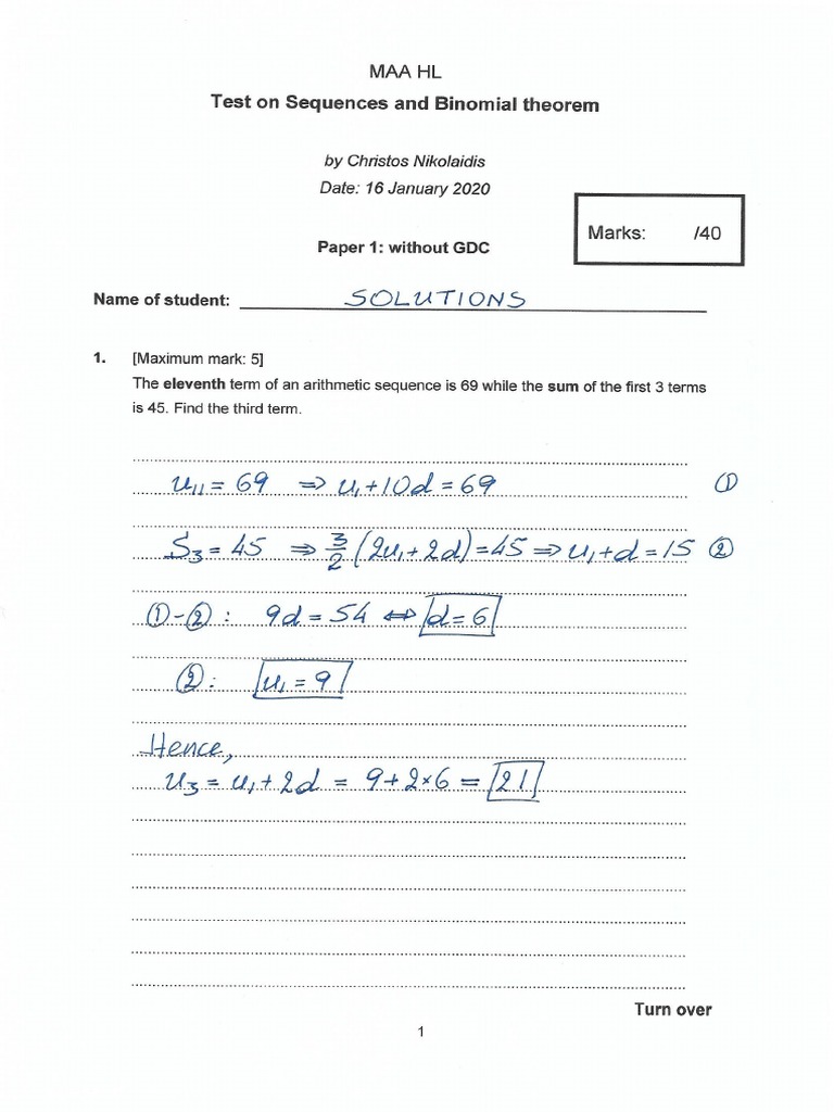 TEST 4. Sequences-Binomial 1 (SOLUTIONS) PDF | PDF