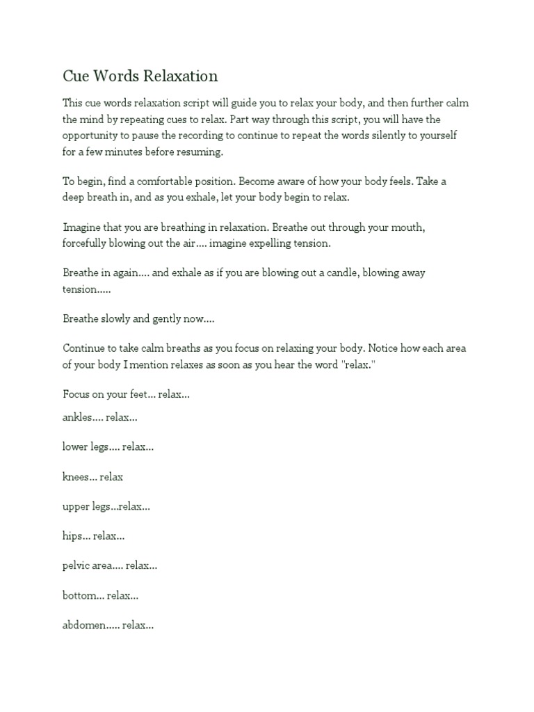Cue Words Relax Script | PDF | Breathing | Relaxation (Psychology)