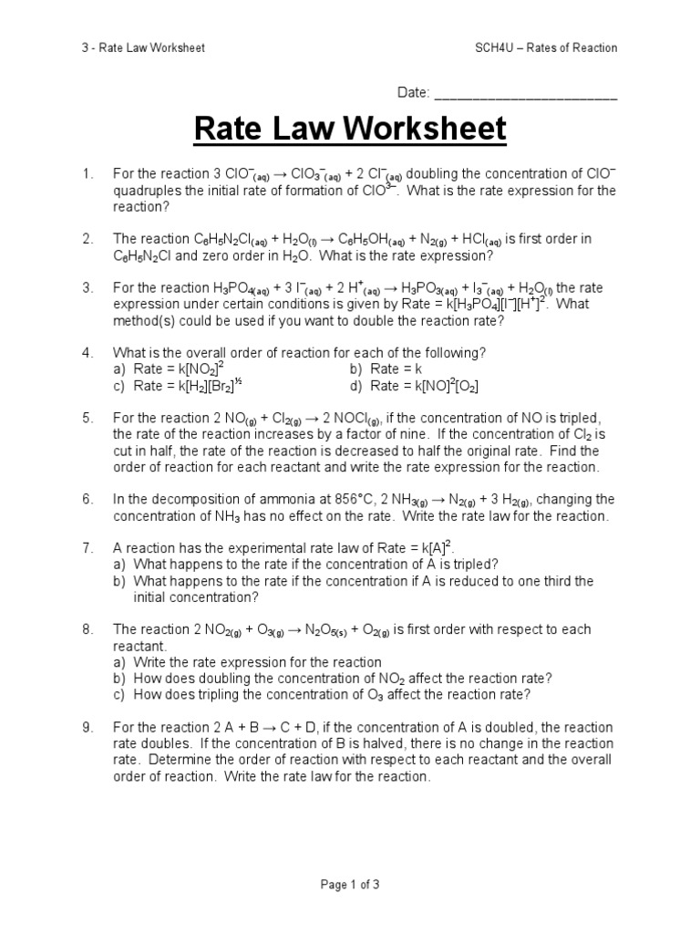 Rate Law Worksheet PDF | PDF | Reaction Rate | Chemical Reactions
