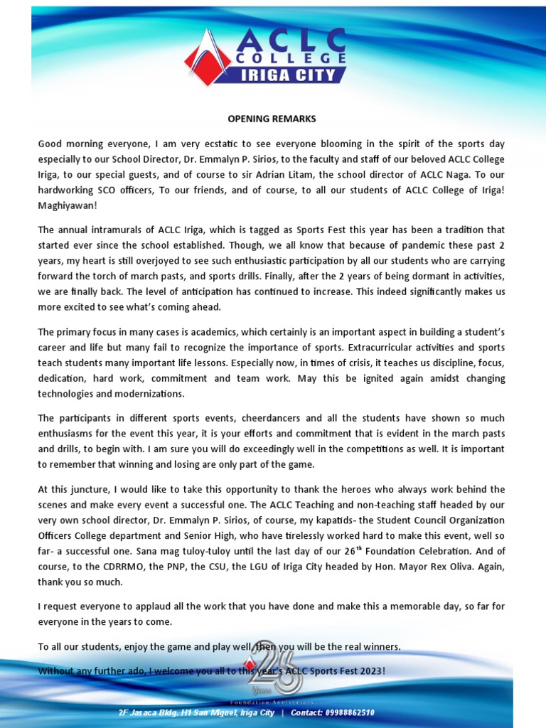 Opening Remarks Sports Fest | PDF