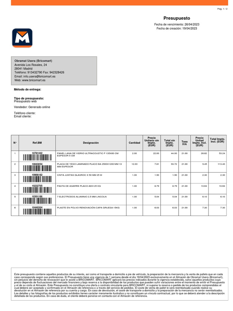 Presupuesto: Obramat Usera (Bricomart) | PDF | Presupuesto | Precios