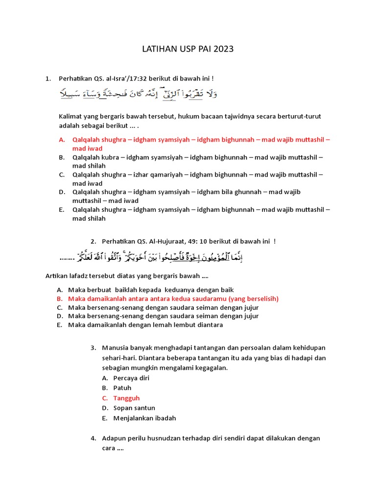 Jwban Latihan Usp Pai | PDF