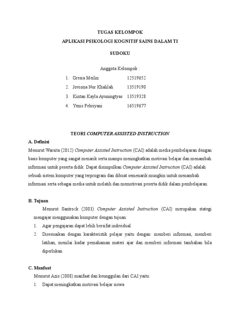 Tugas Kelompok Aplikasi Psikologi Kognitif Sains Dalam Ti Sudoku | PDF