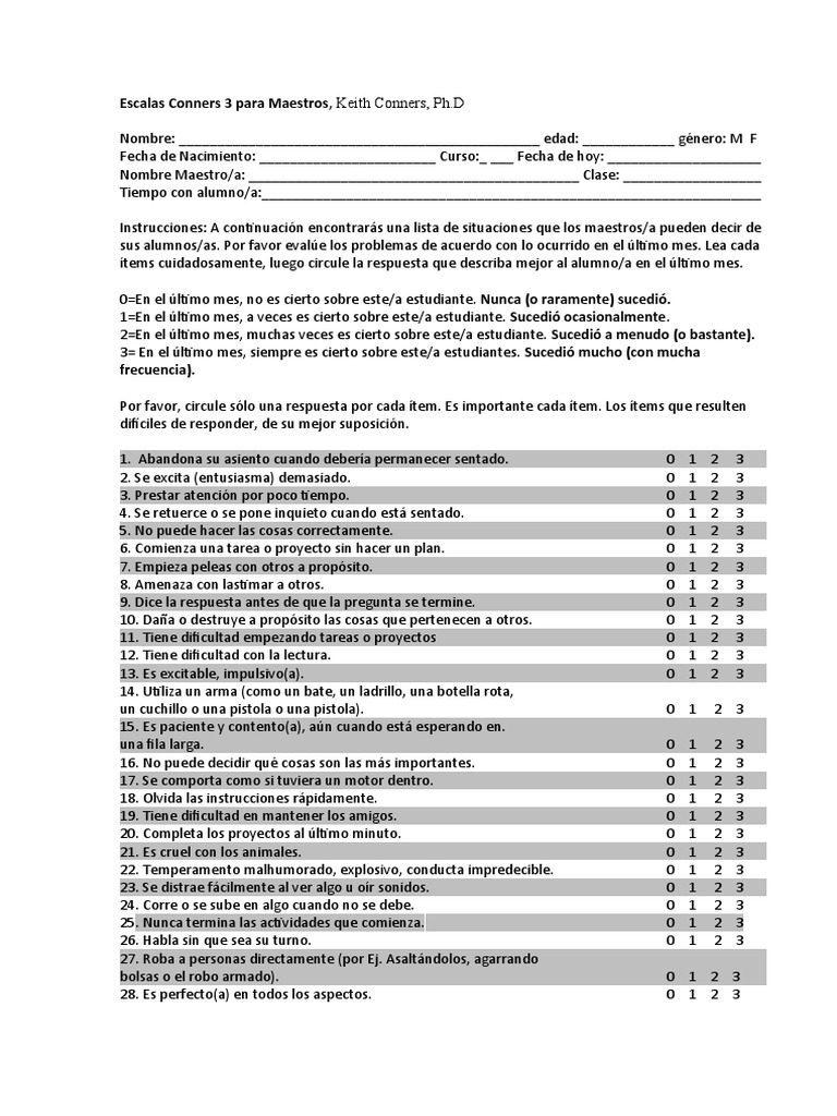 Escala Conners 3 para Maestros | PDF