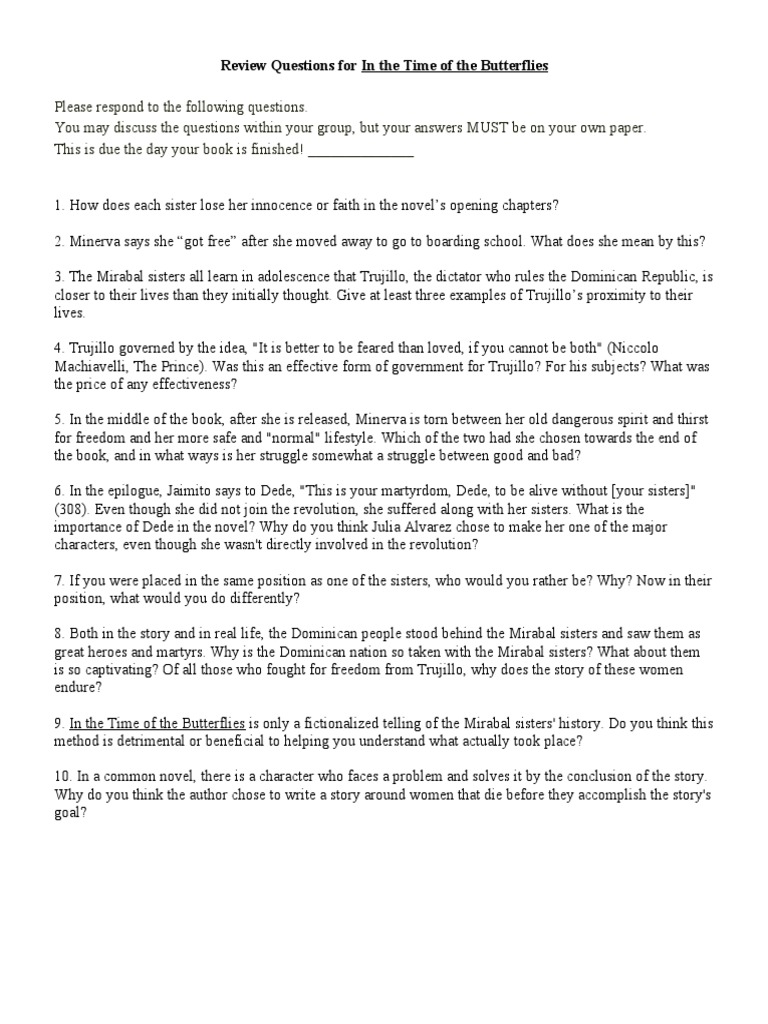 Inthe Timeofthe Butterflies Questions | PDF