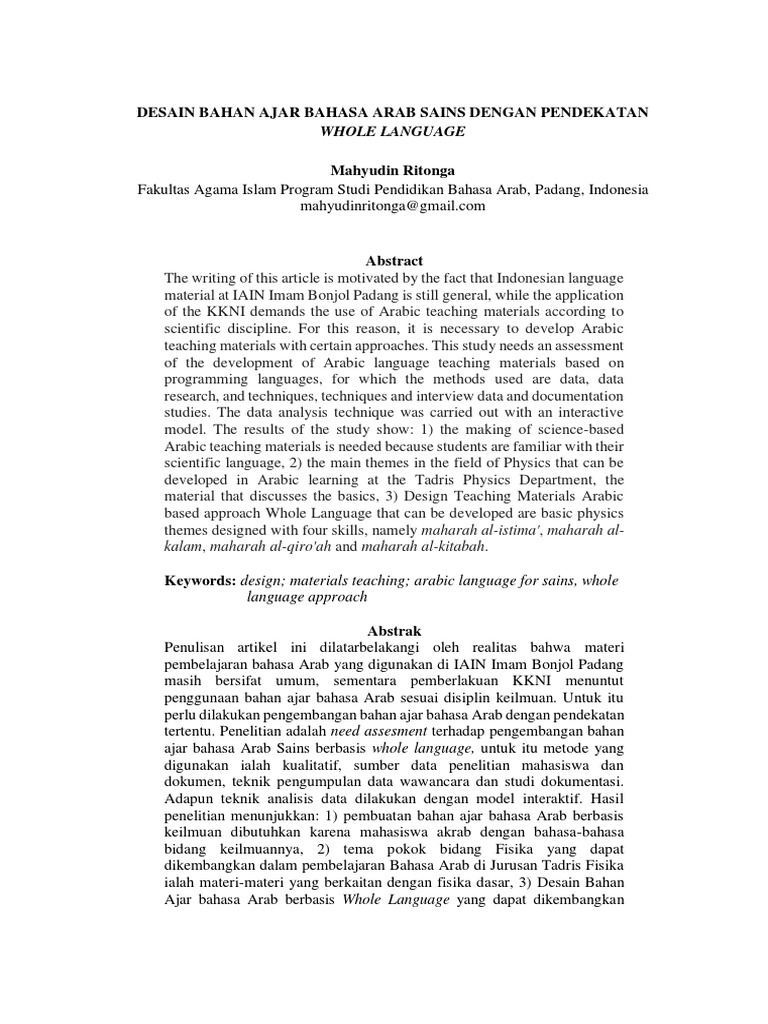 Desain Bahan Ajar Bahasa Arab Sains Deng PDF | PDF