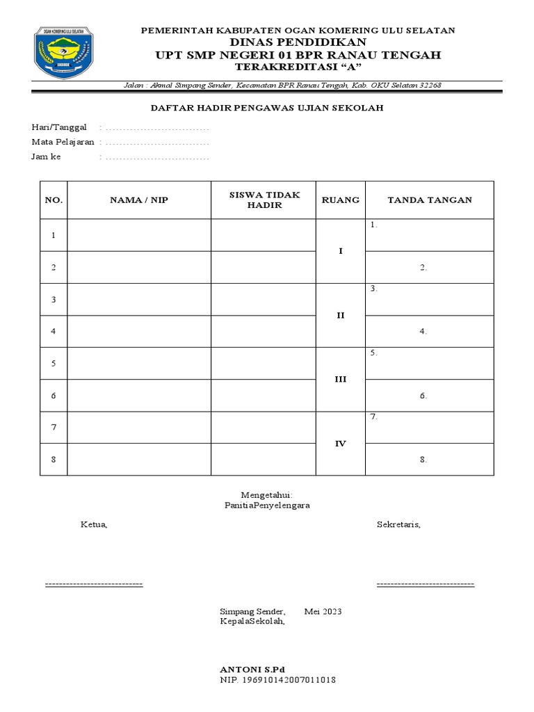 DAFTAR HADIR PENGAWAS UJIAN SMP | PDF