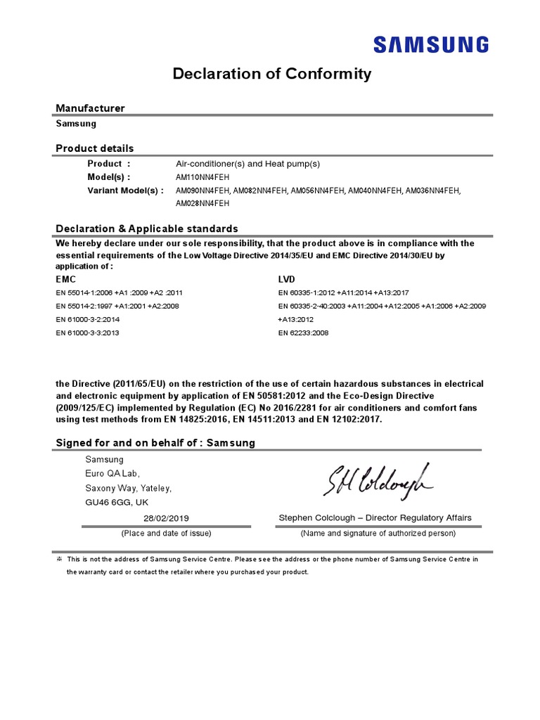 CE DoC - AM110NN4FEH PDF | PDF